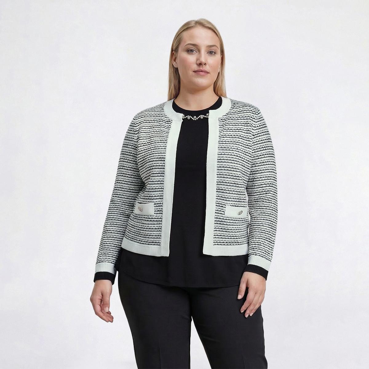 Kasper Plus Size Textured Long-Sleeve Cardigan Jacket - Black/Vanilla Ice